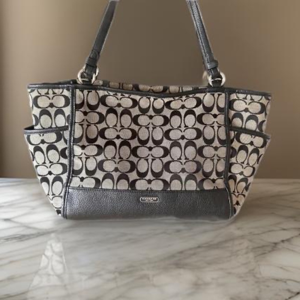 Coach Park Signature Carrie Tote Black/Gray/Silver - Gem